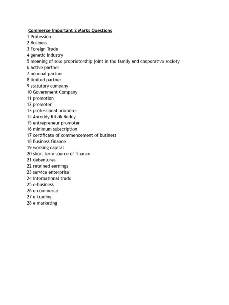 Commerce 1st Year 2 Marks Important Questions | PDF