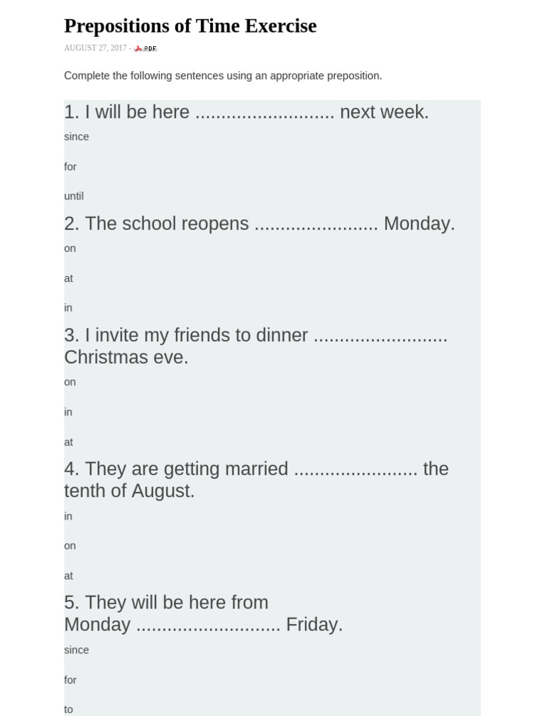 Prepositions of Time Exercise | PDF