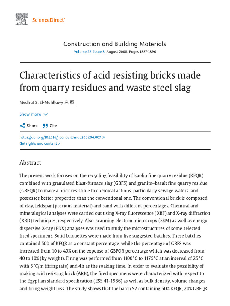 Characteristics of Acid Resisting Bricks Made From Quarry Residues and ...