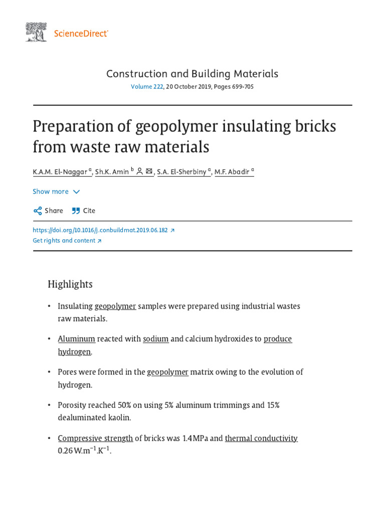 Preparation of geopolymer insulating bricks from waste raw materials ...