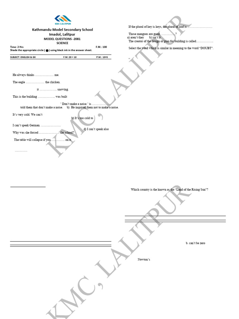Science Model Questions 2081 (1) | PDF | Salt (Chemistry) | Mean