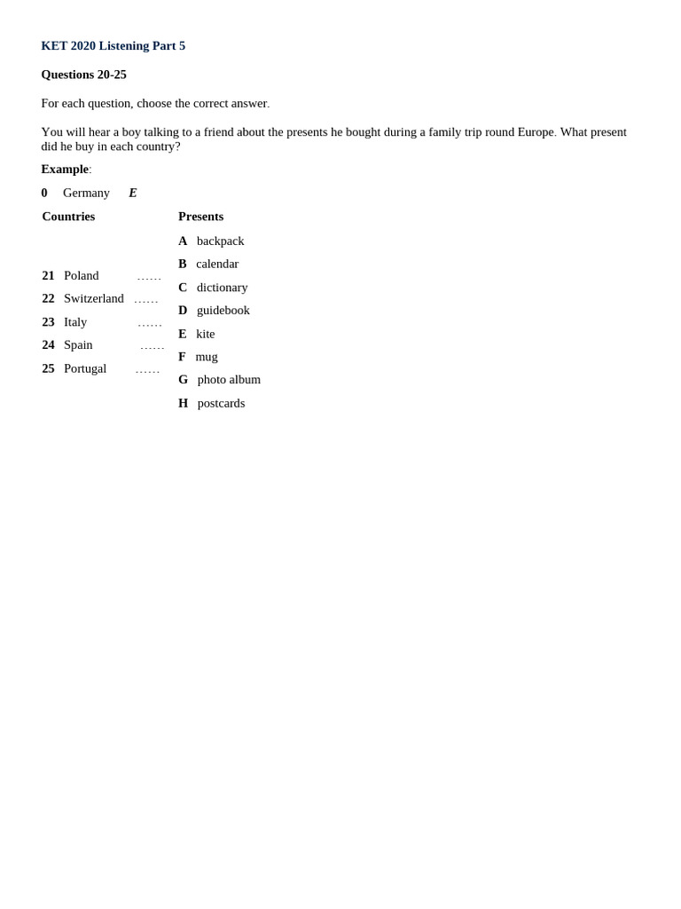KET 2020 Listening Part 5 V Comp | PDF