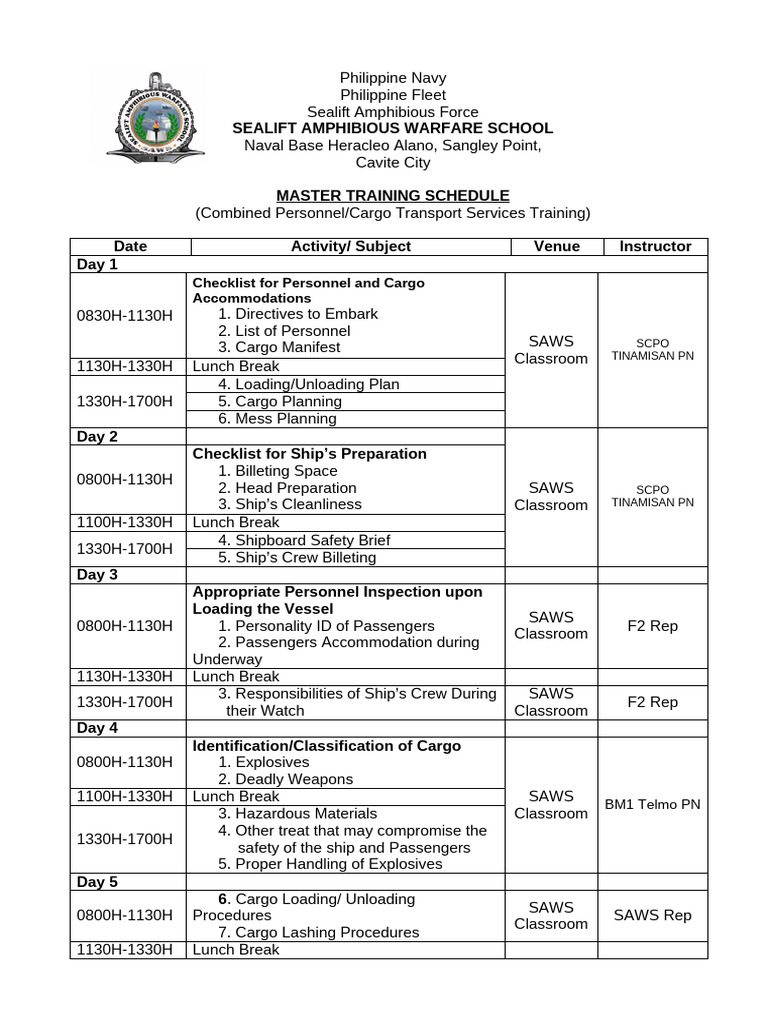 Master Training Schedule CHPST | PDF | Ships | Dangerous Goods