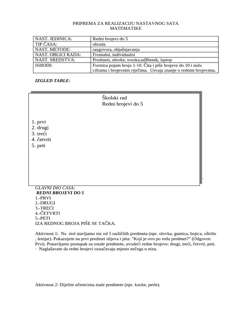 Redni Brojevi Do 5 I Raz | PDF