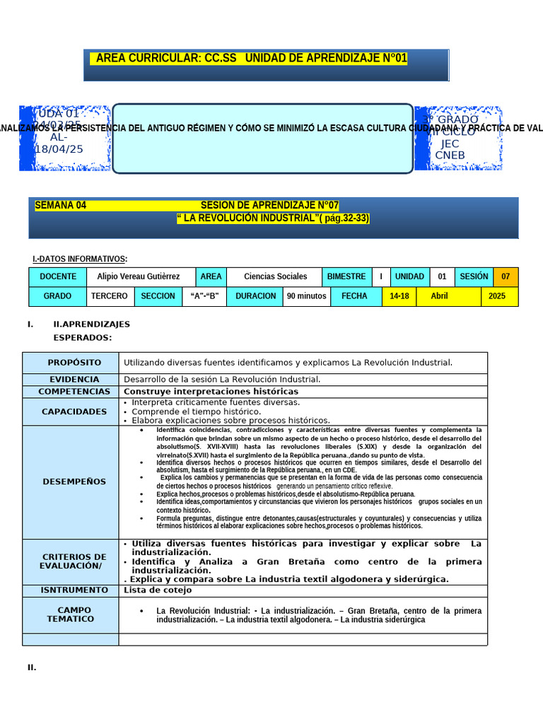 Area Curricular: CC - Ss Unidad de Aprendizaje N°01: UDA 01 24/03/25-AL ...