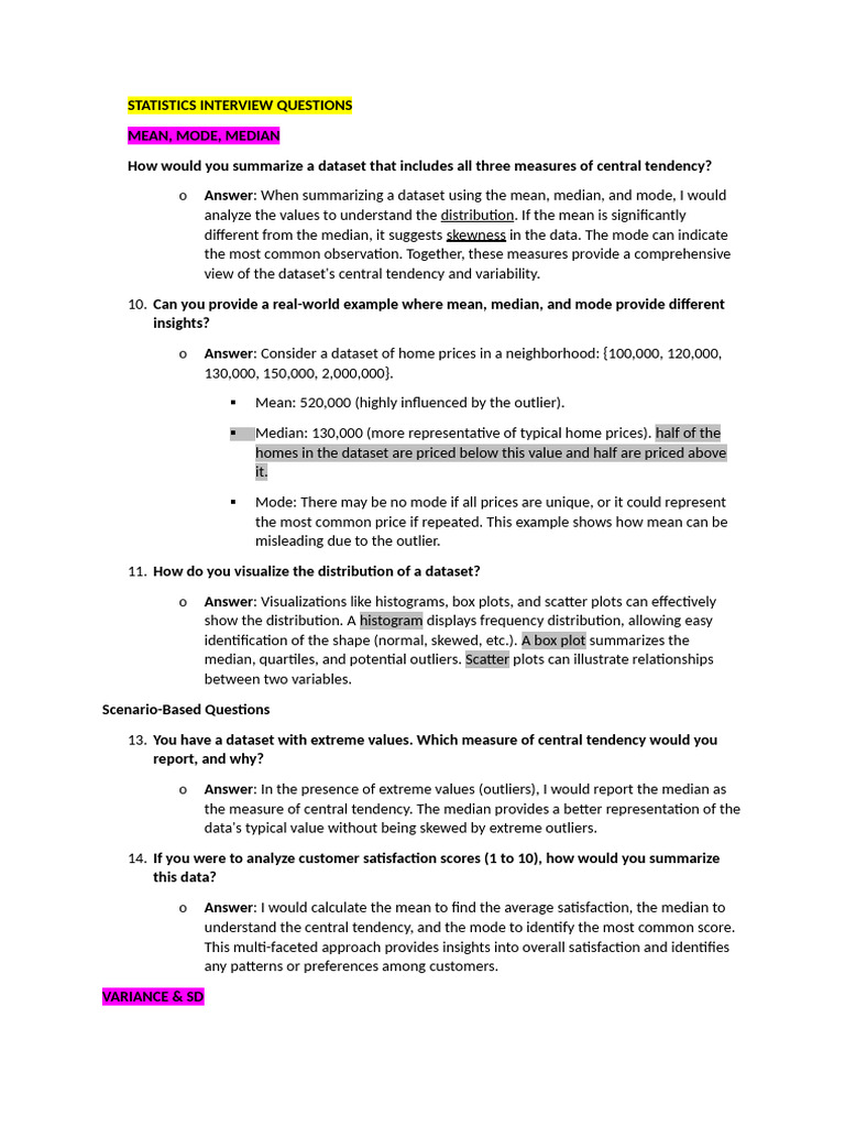 Statistics Interview Questions | PDF | Mode (Statistics) | Mean