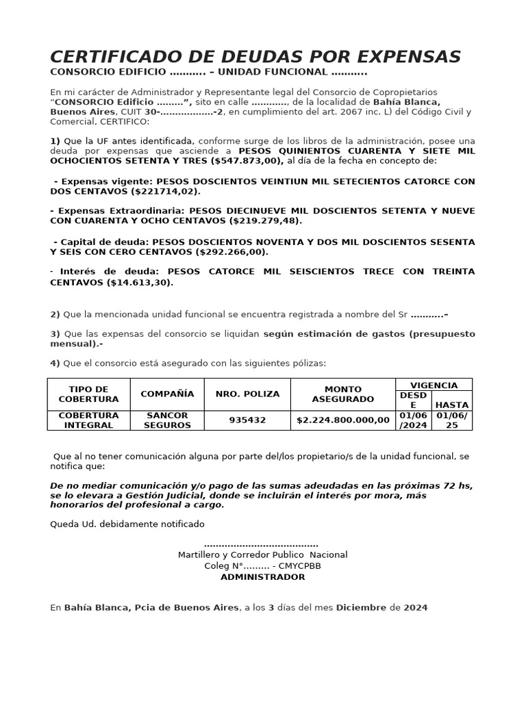 CERTIFICADO DE DEUDAS POR EXPENSAS sin datos | PDF