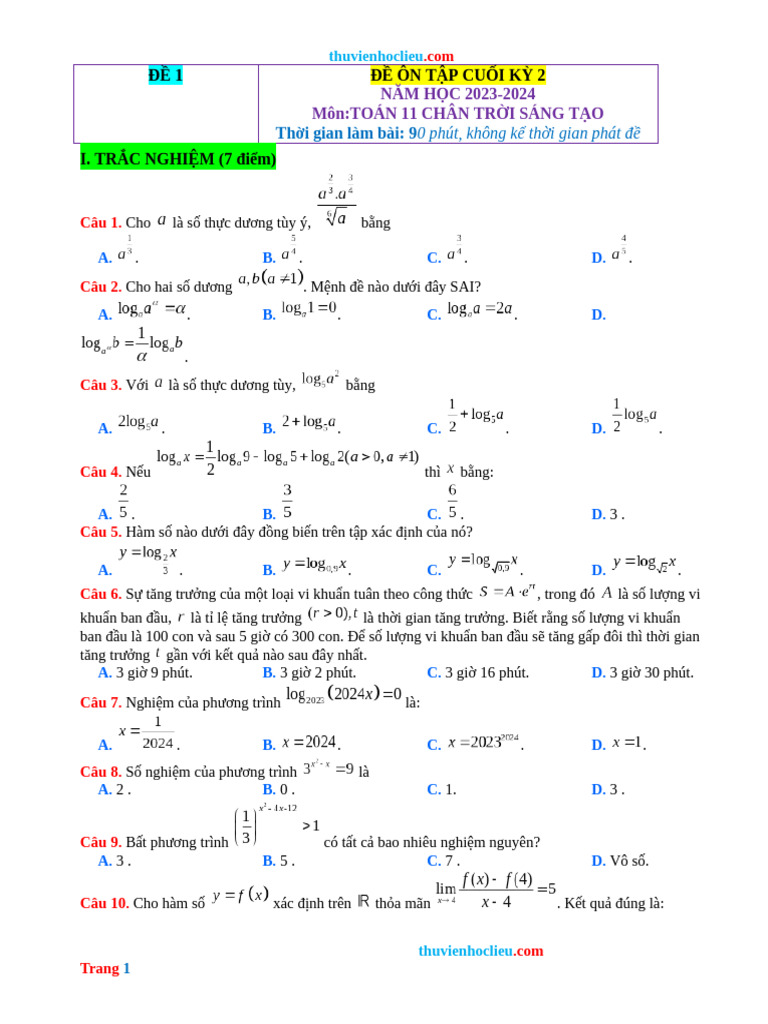 De On Thi HK2 Toan 11 CTST de 1 Hay | PDF