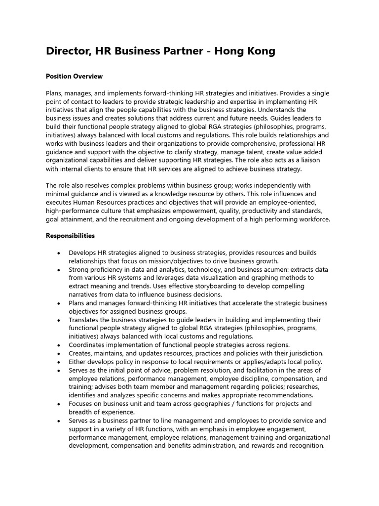 RGA - Director, HR Business Partner - Hong Kong | PDF | Human Resource ...