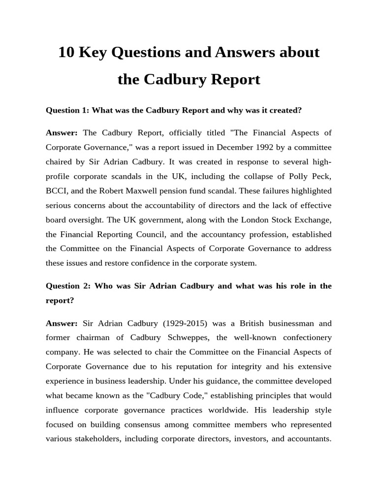 Cadbury Report-10 Questions | PDF | Corporate Governance | Governance