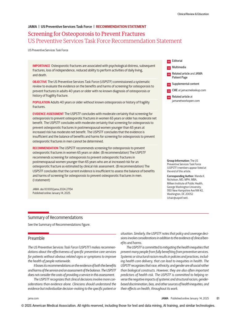 Osteoporosis Screening Final Recommendation | PDF | Osteoporosis ...