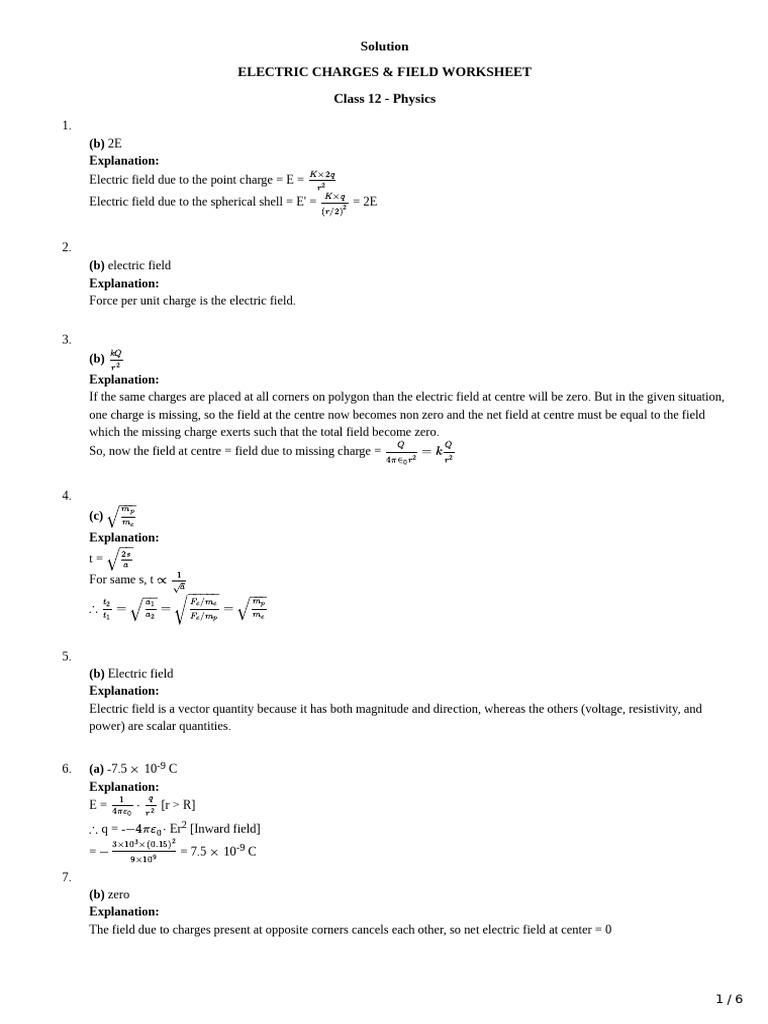 Electric Charges and Field Worksheet | PDF | Force | Electric Field