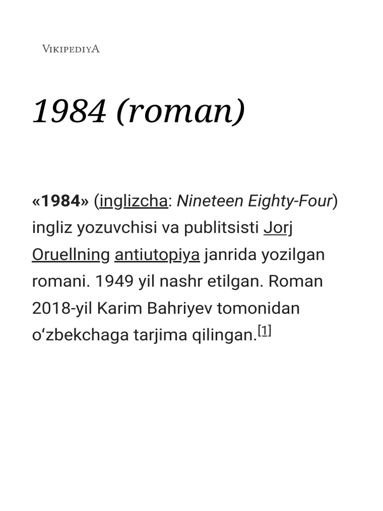 1984 (Roman) : 1984 (Inglizcha: Nineteen Eighty-Four) | PDF