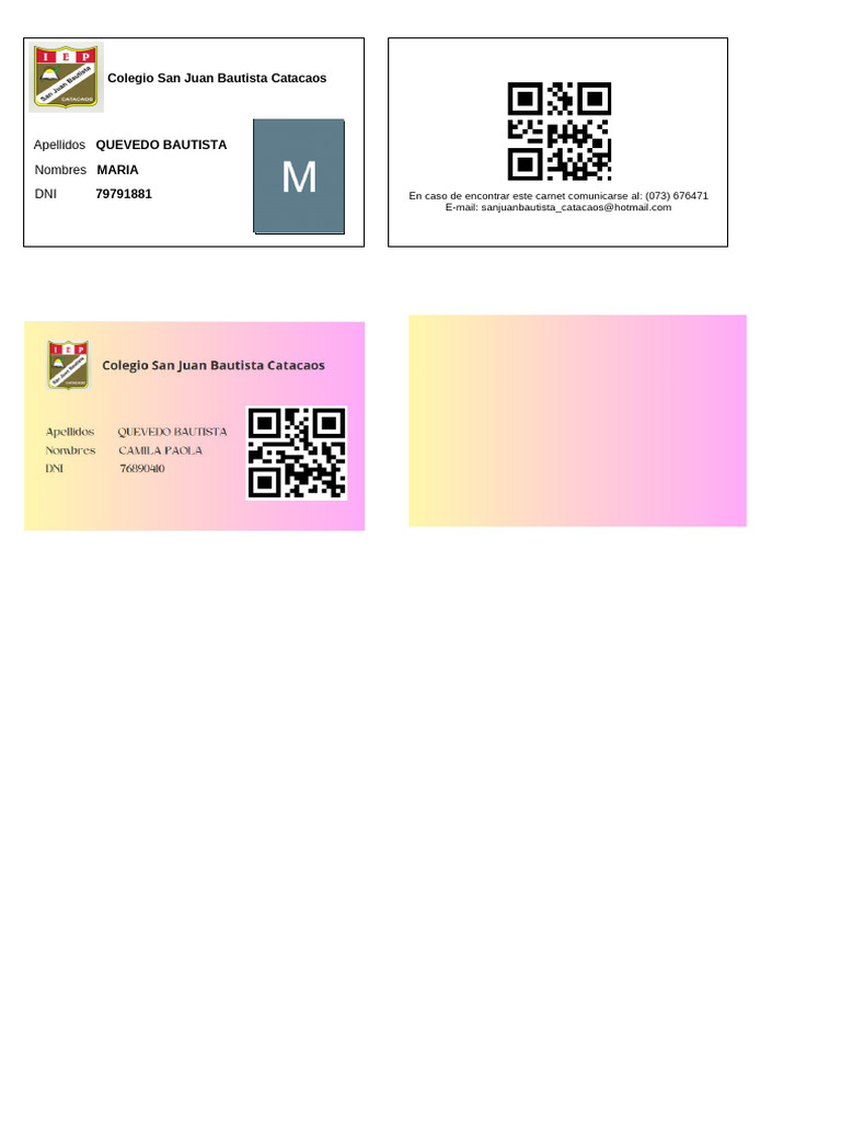 Carnet de Identidad - Colegio San Juan Bautista | PDF