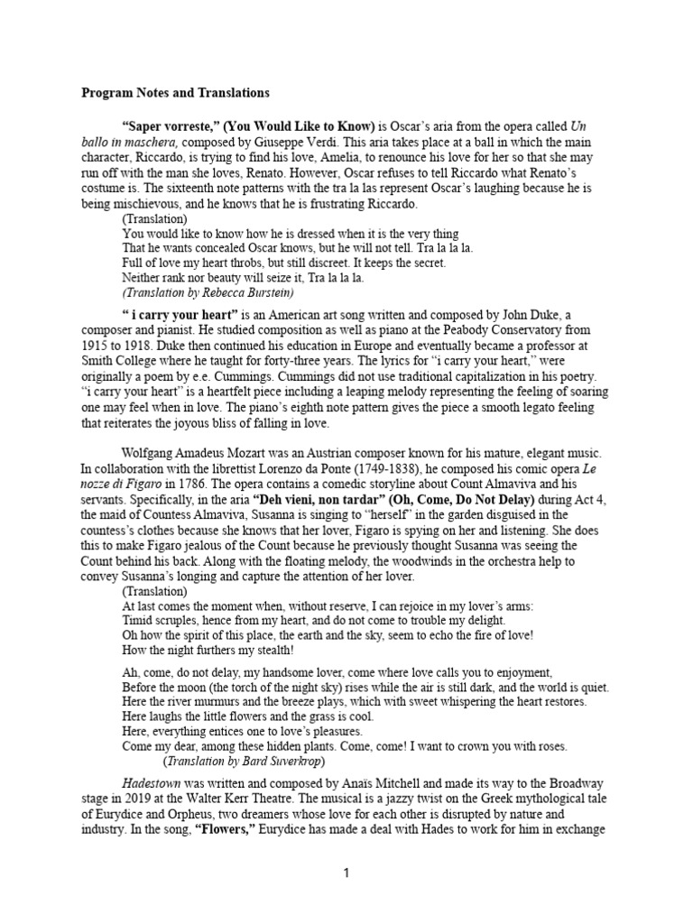 2024 Voice Honors Recital Program Notes | PDF | The Marriage Of Figaro