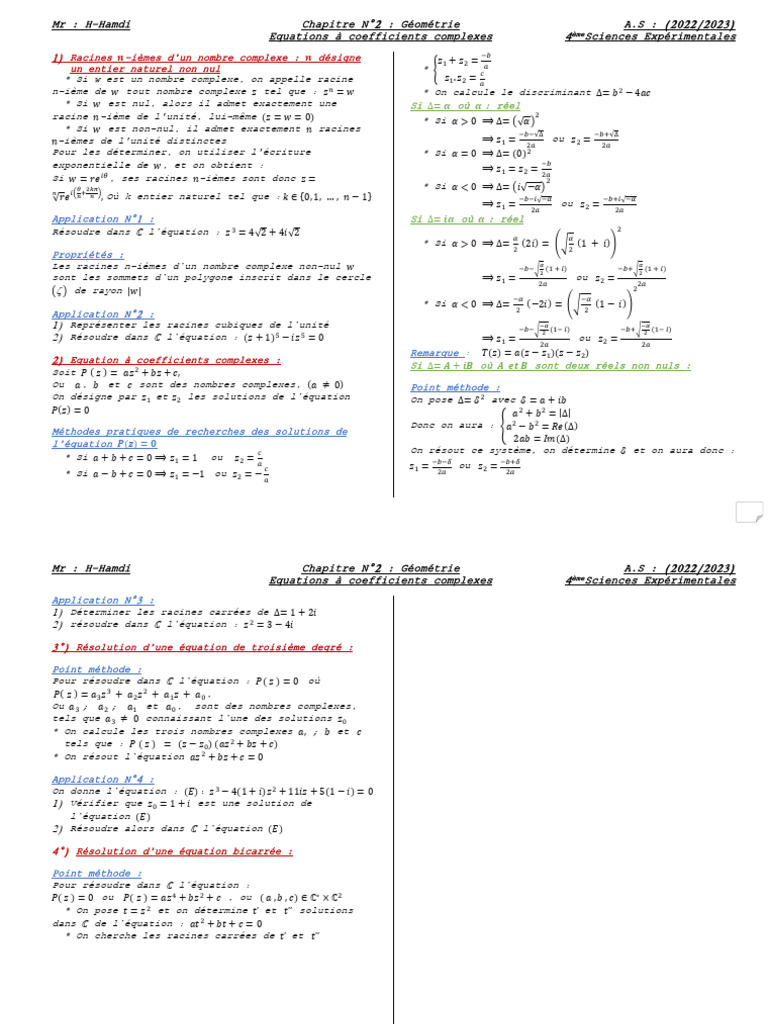 RESUME DE COURS - SERIES D'EXERCICES EQUATIONS COMPLEXES ( BAC SCIENCES ...