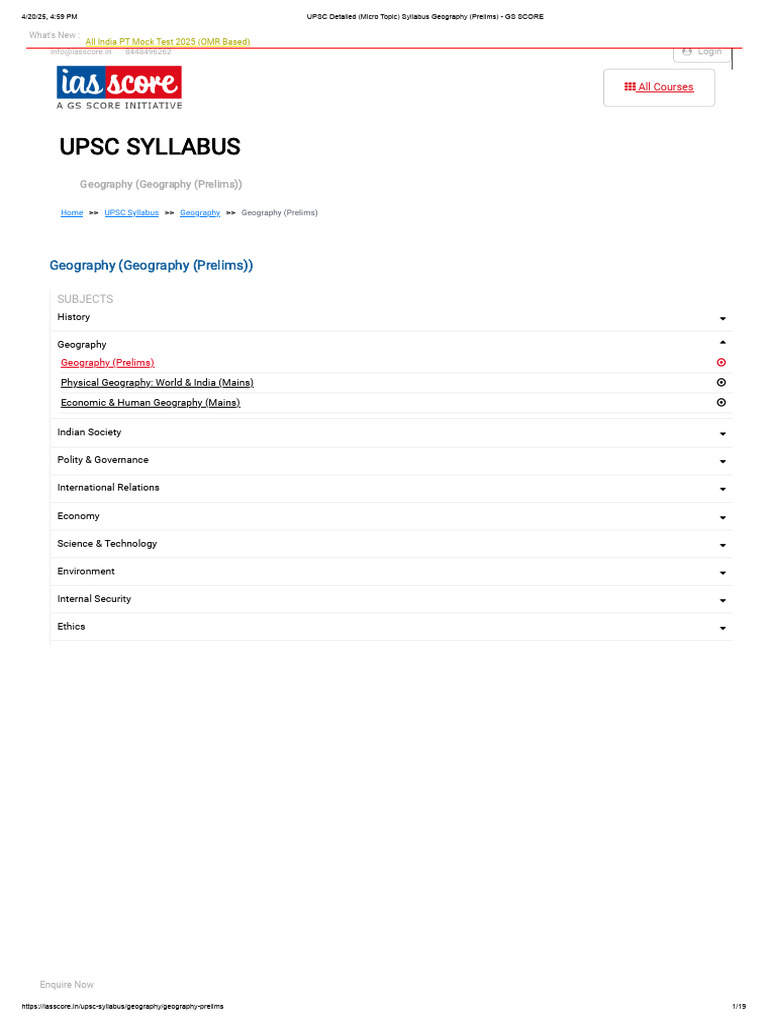 UPSC Detailed (Micro Topic) Syllabus Geography (Prelims) - GS SCORE | PDF | Agriculture | Oceans