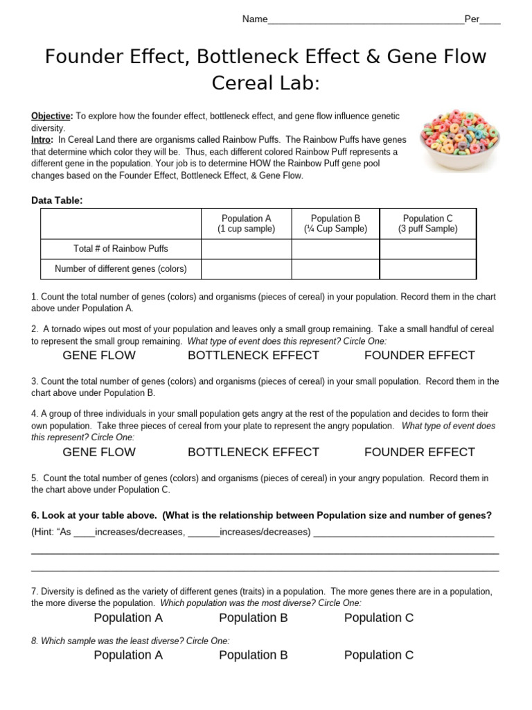 Founder Effect, Bottleneck Effect & Gene Flow Cereal Lab | PDF ...
