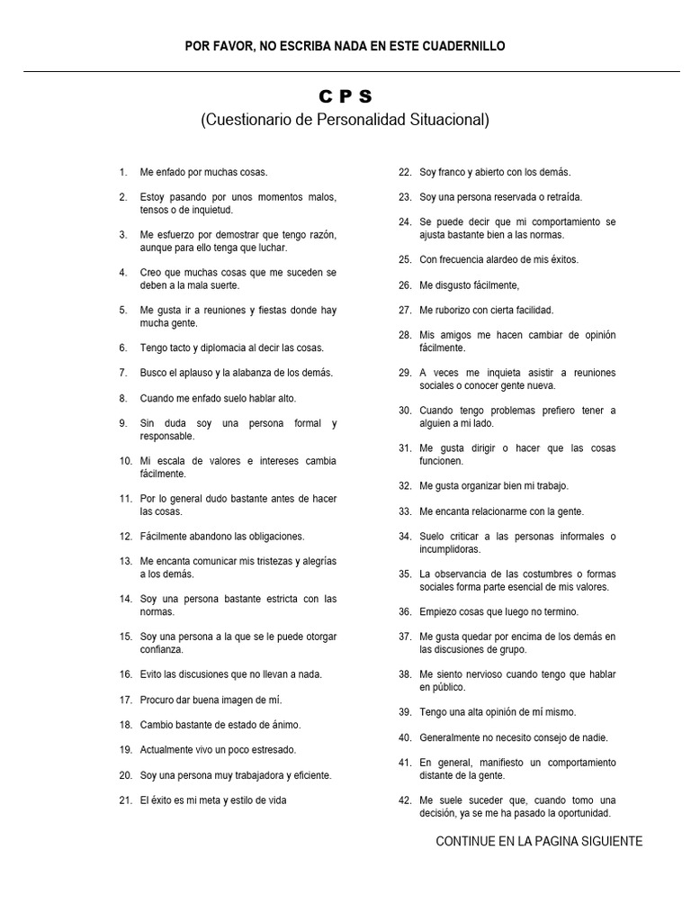 Cuadernillo Cps. Cuestionario de Personalidad Situacional | PDF | Las emociones | Sicología