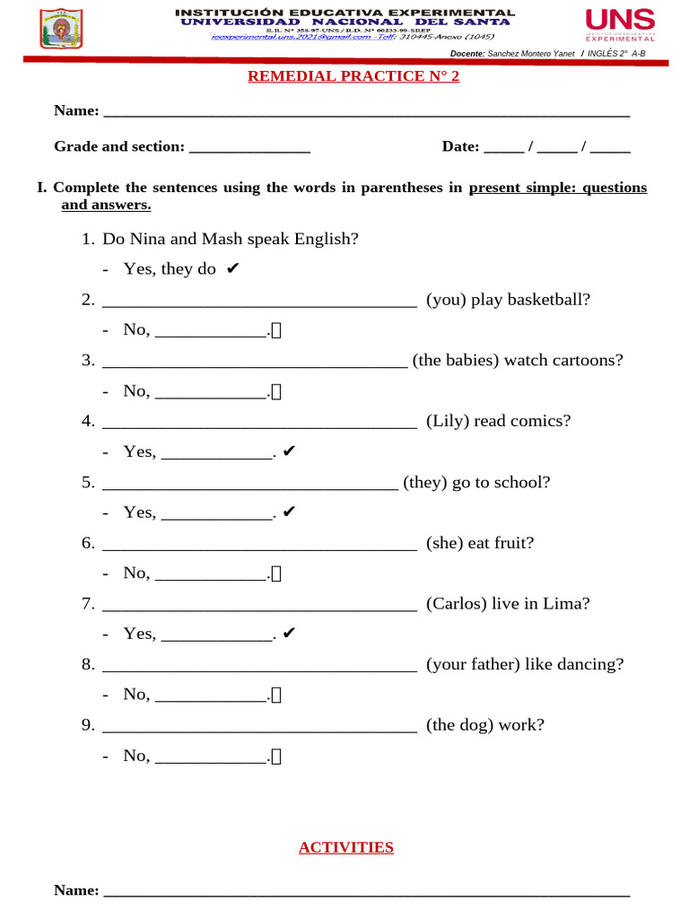 PRACTICE - Unidad - 01 - N°04 - 2do Secundaria - Inglés - Present Simple - Questions and Answers ...