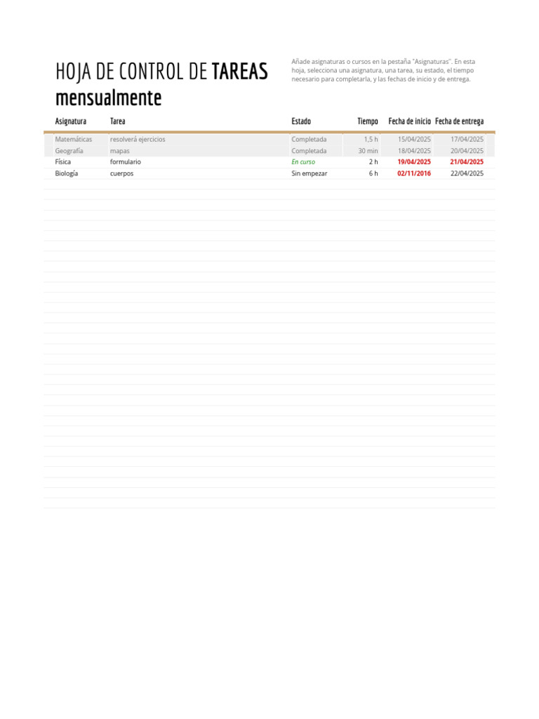 Hoja de Control de Tareas | PDF