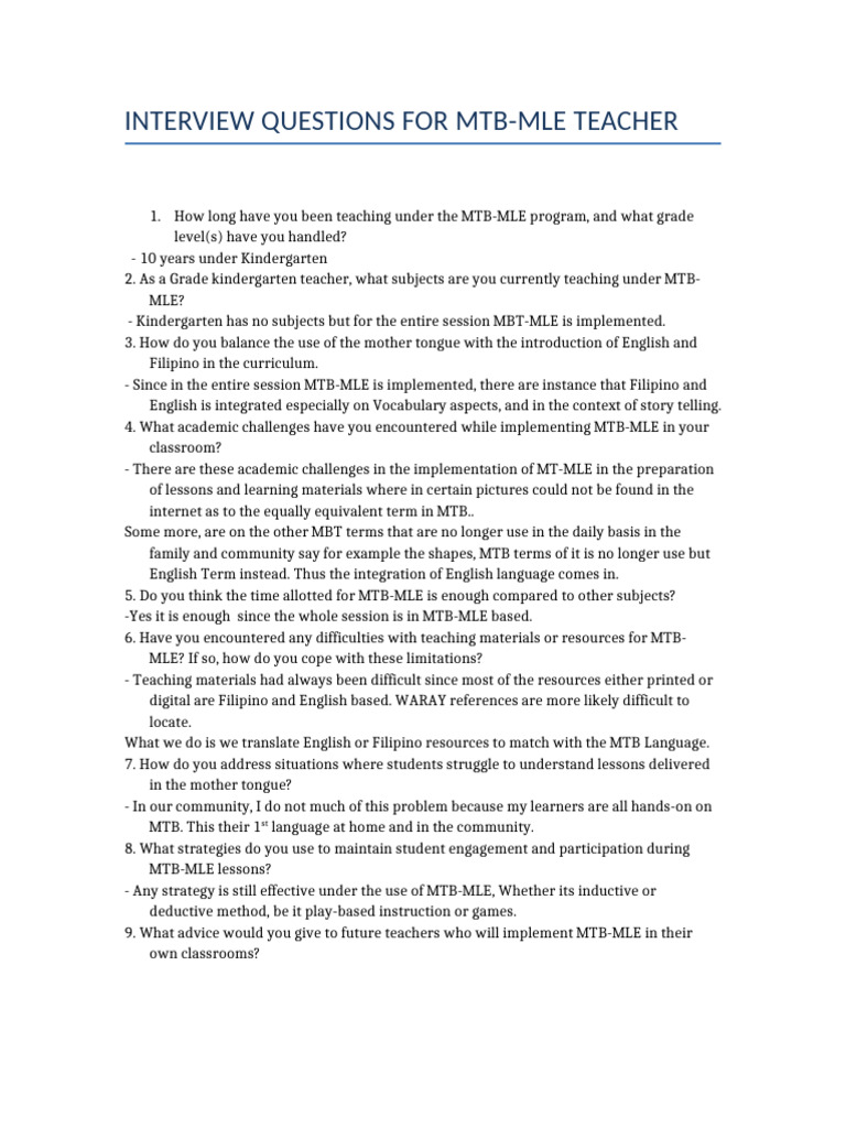 MTB-MLE_Interview_Questions | PDF | Curriculum | English Language