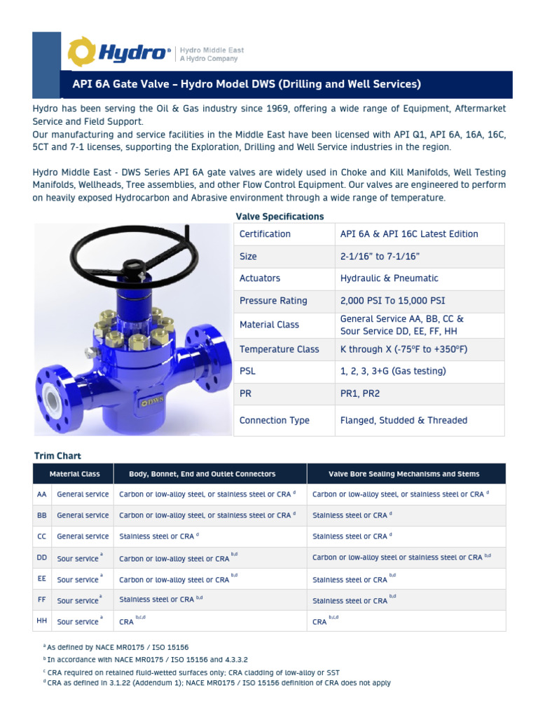 API 6A Gate Valve - Hydro Model DWS (Drilling and Well Services) | PDF ...
