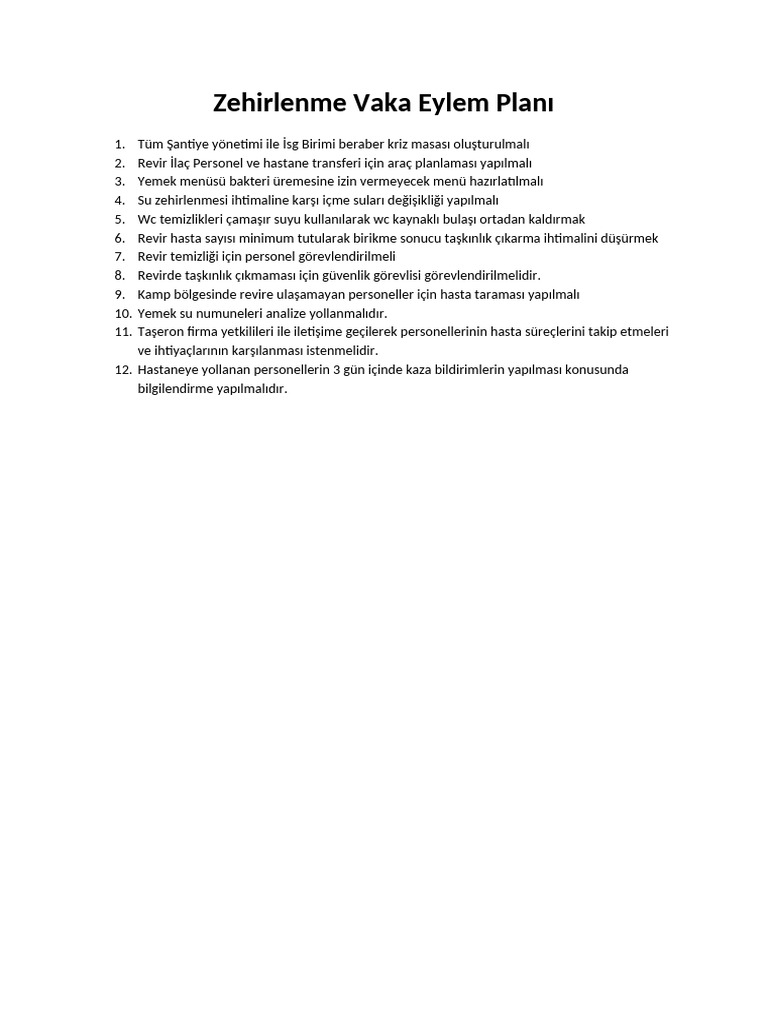 Zehirlenme Vaka Eylem Planı | PDF