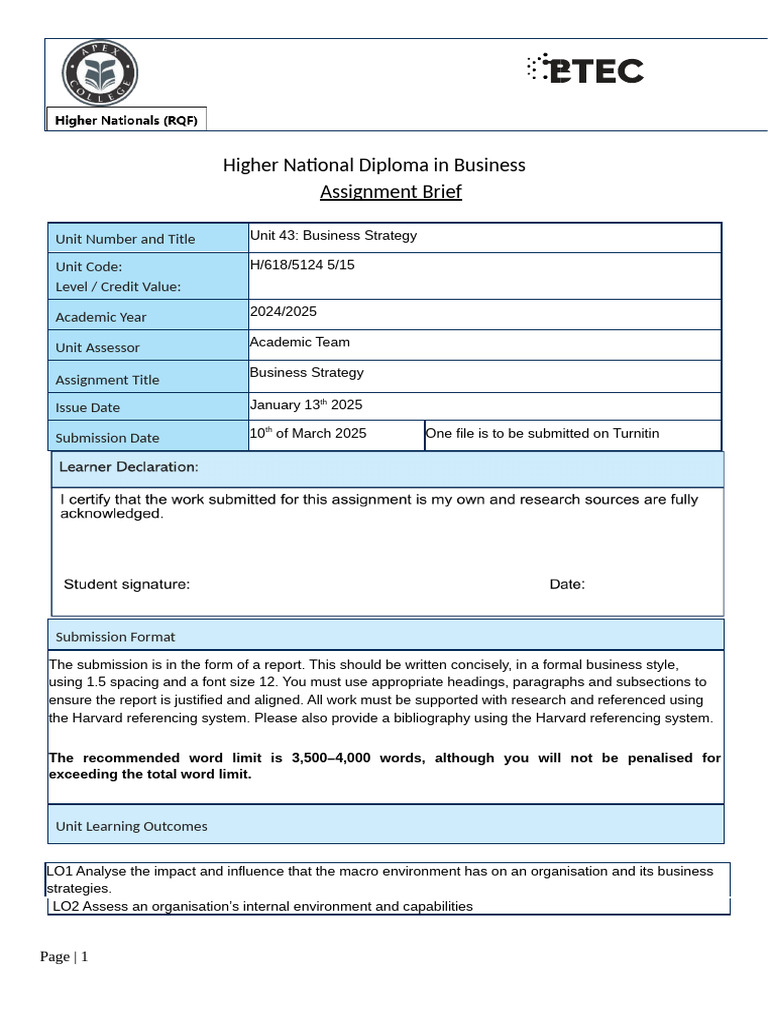 Unit 43 Assignment Brief - Jan 24 - Final | PDF | Strategic Management ...