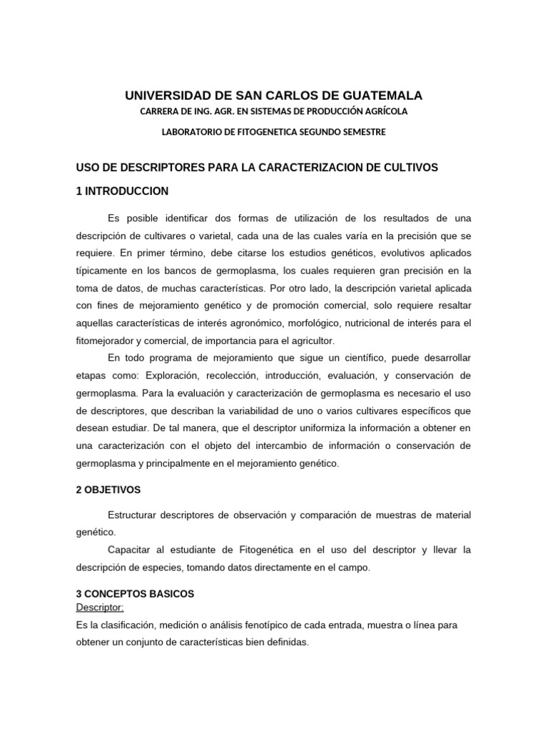 Práctica Descriptores Lab. Fitogenética | PDF | Fenotipo | Nivel de medida