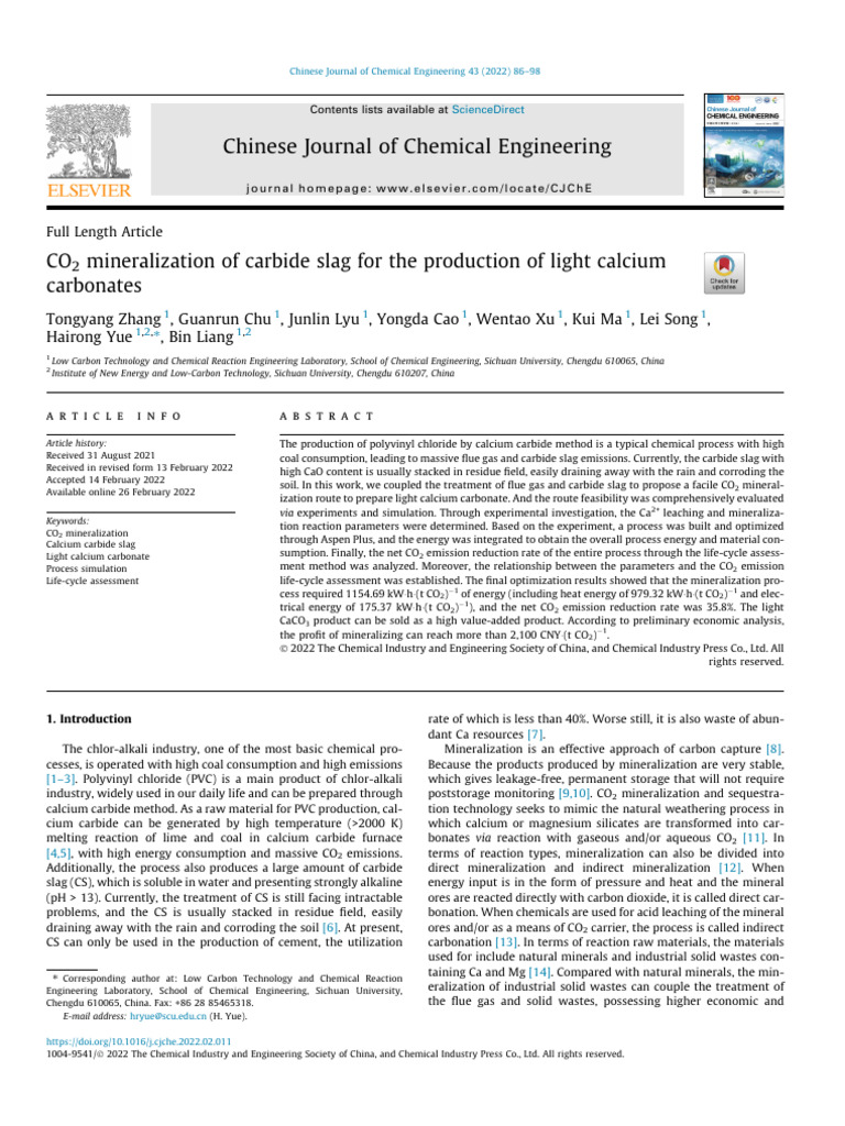 CO2 Mineralization of Carbide Slag For The Production of Light Calcium ...