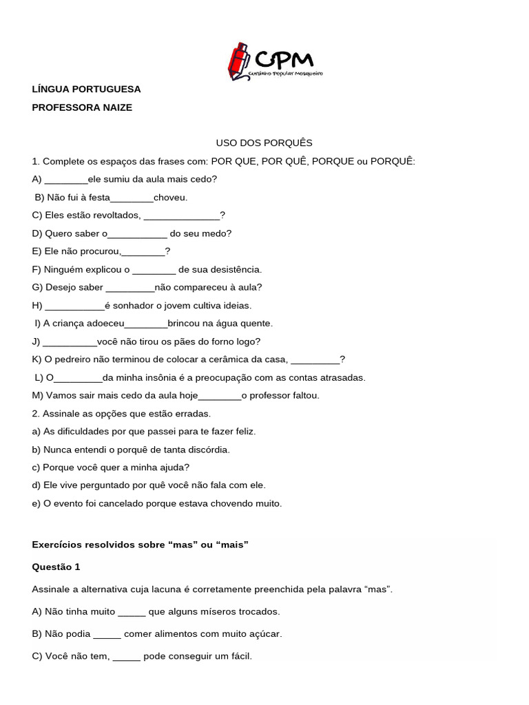 USO DOS PORQUÊS exercício | PDF