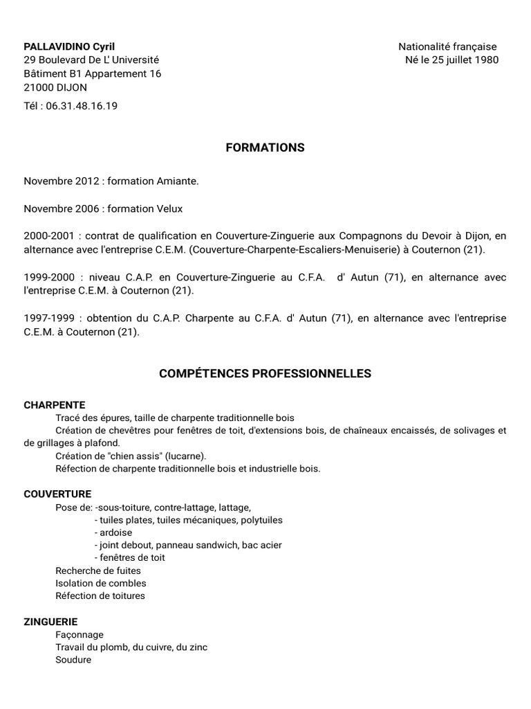 CV de Cyril Pallavidino - Couvreur-Zingueur | PDF | Matériaux | Génie ...