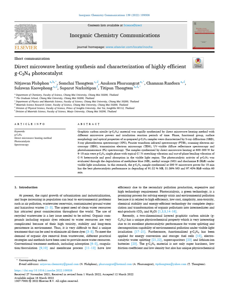 Direct Microwave Heating Synthesis and Characterization of Highly Efficient g-C3N4 Photocatalyst ...