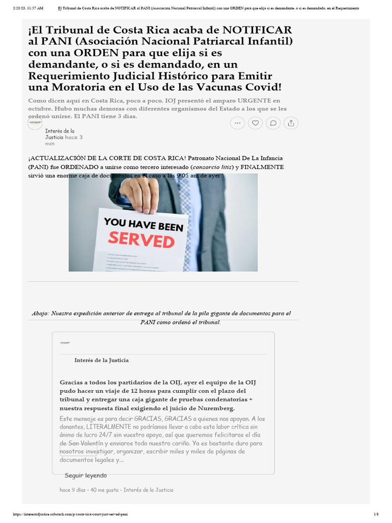 ¡El Tribunal de Costa Rica Acaba de NOTIFICAR Al PANI Asociación | PDF