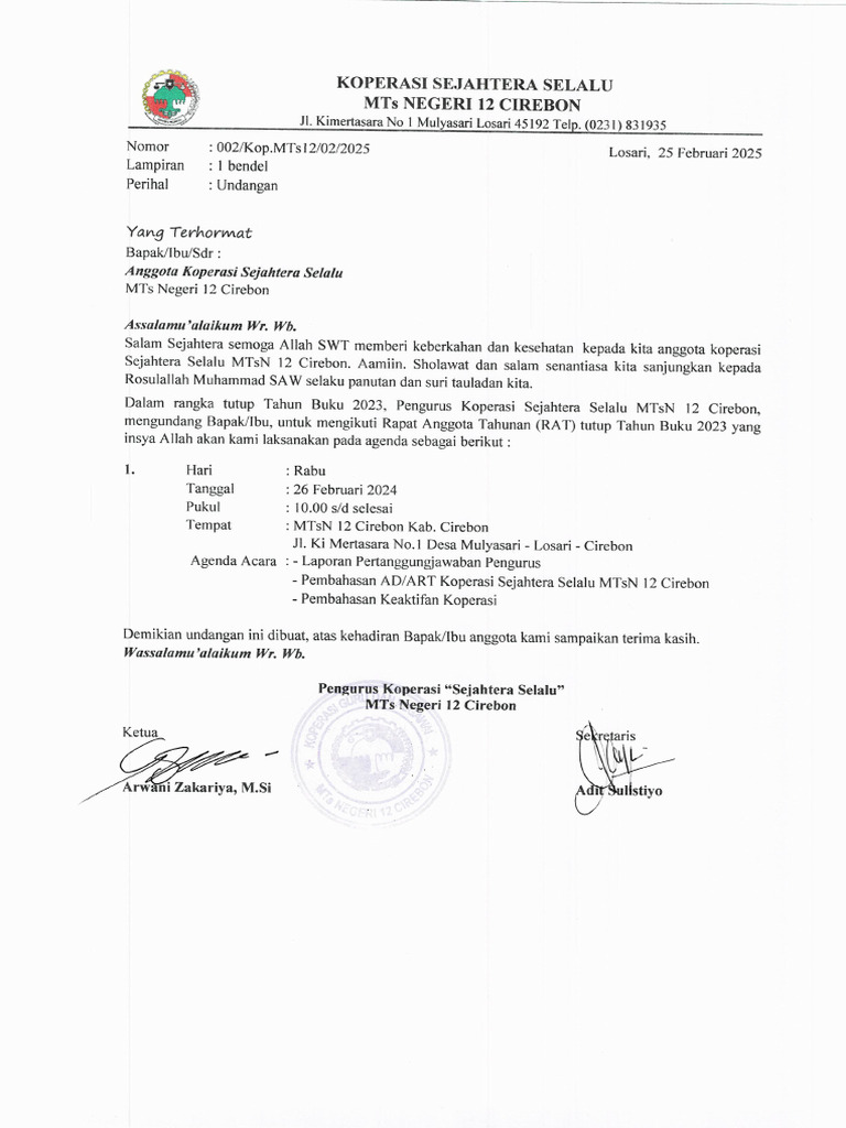 Undangan Laporan Pertanggungjawaban Koperasi Tahun 2024 - 674636 | PDF