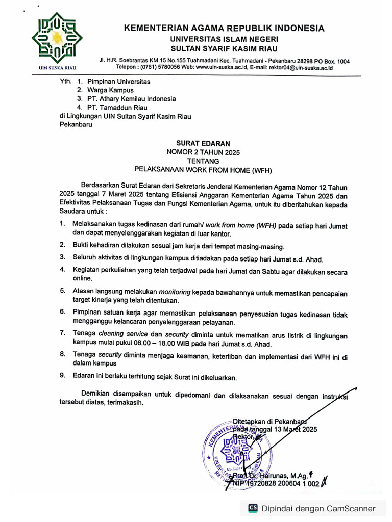 Surat Edaran Rektor Tentang Pelaksanaan WFH | PDF