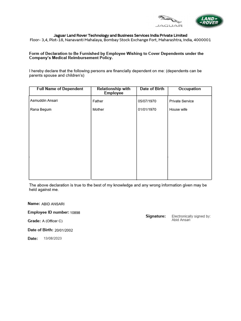 Employee Dependent Declaration Form | PDF