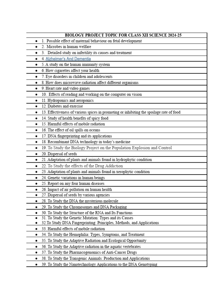 BIOLOGY PROJECT TOPIC FOR CLASS XII SCIENCE 2024-25 (1) | PDF | Dna ...