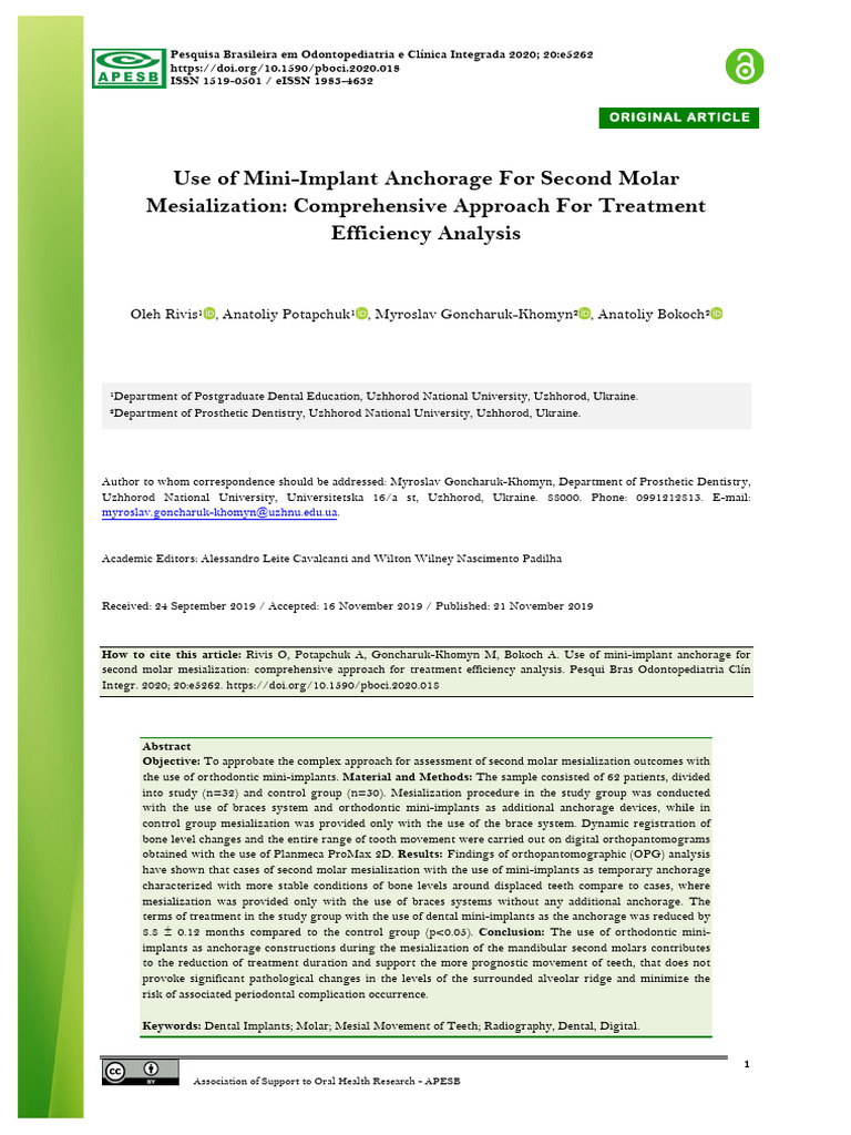 Mini-Implant Anchorage in Molar Mesialization | PDF | Orthodontics