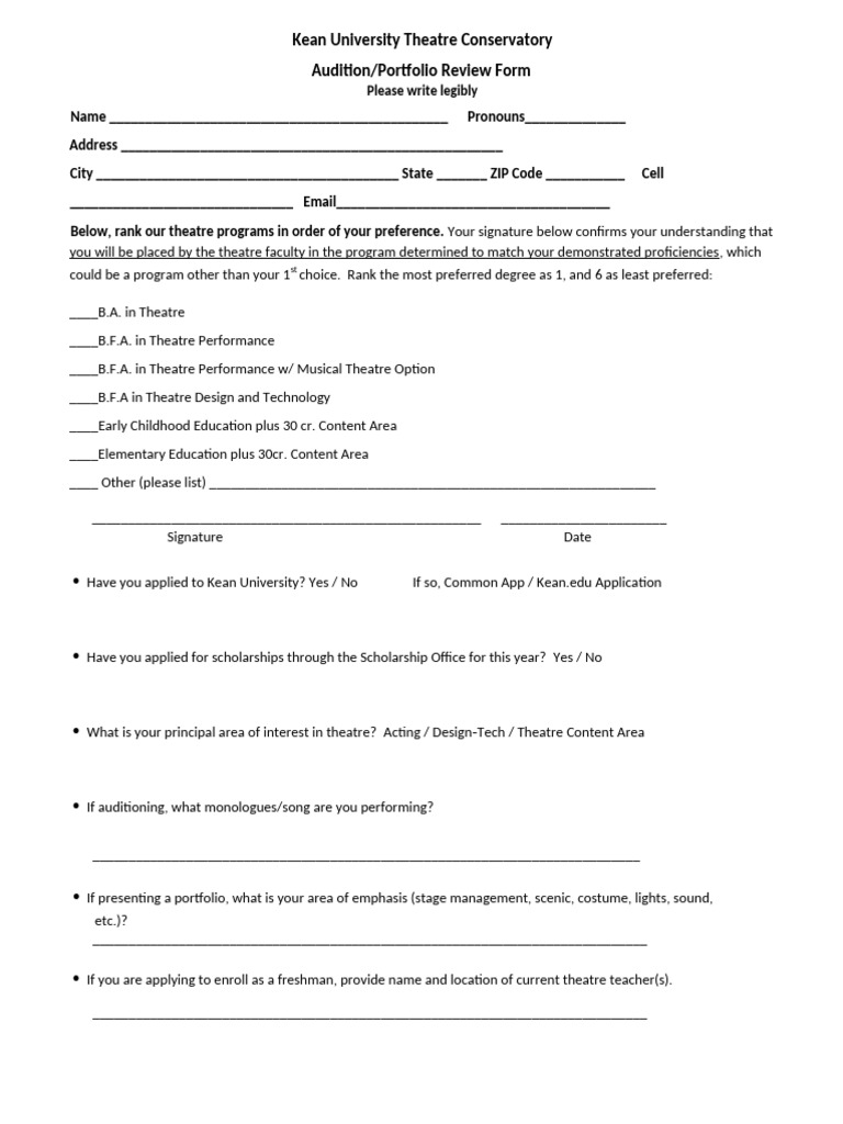 Kean University Theatre Audition Form | PDF