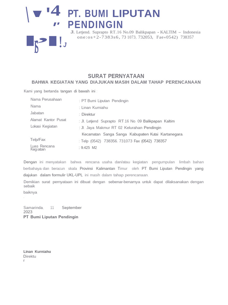 Surat Pernyataan Pemrakarsa Bahwa Persetujuan Lingkungan Yang Diajukan ...