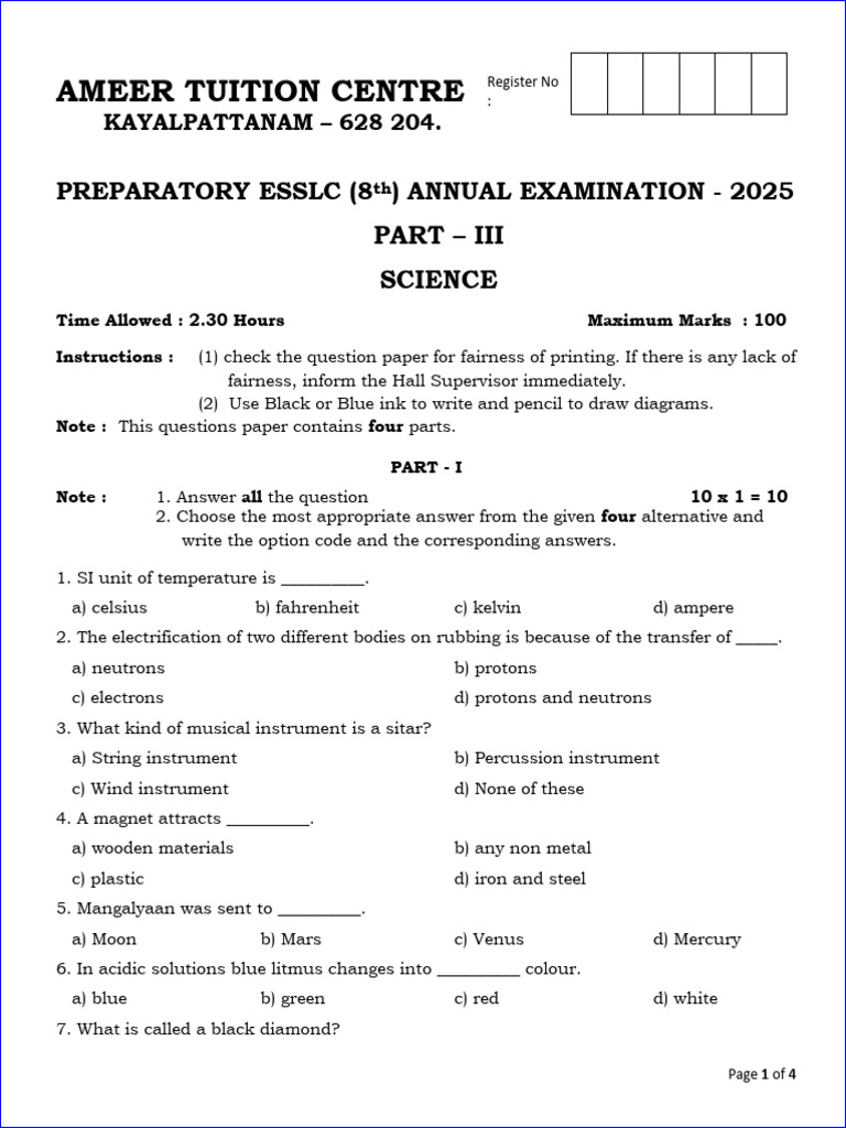 8th Grade Science Exam Paper 2025 | PDF | Physical Sciences