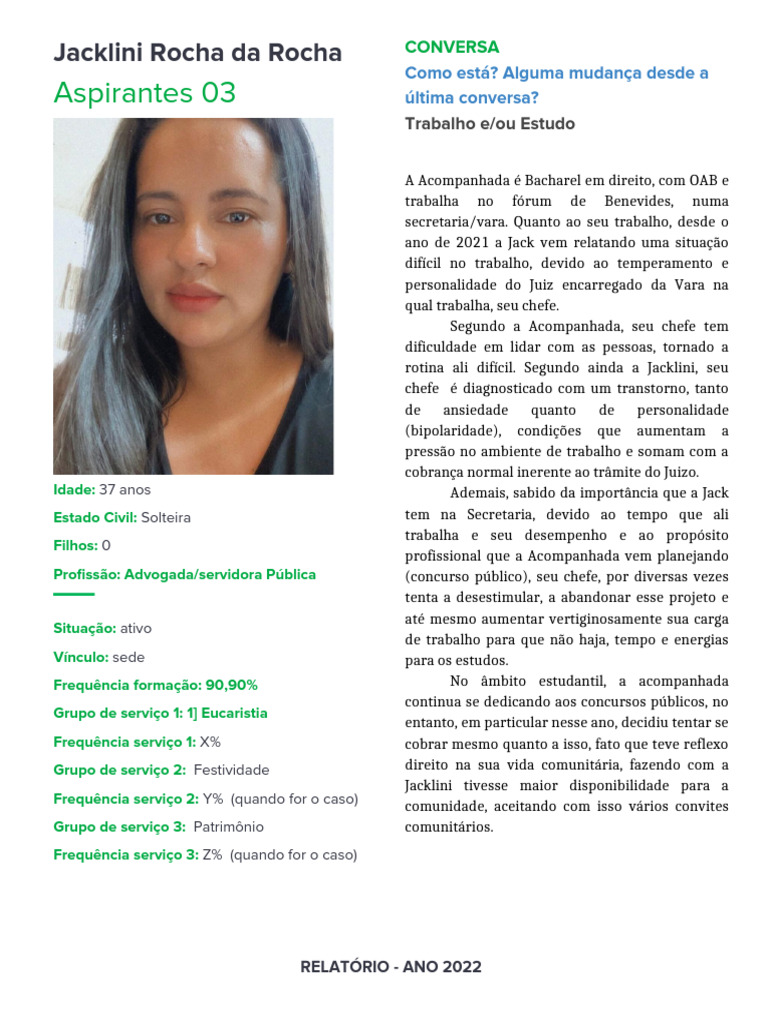 Relatório de Acompanhamento - Asp3 - Jackeline Rocha | PDF | Família