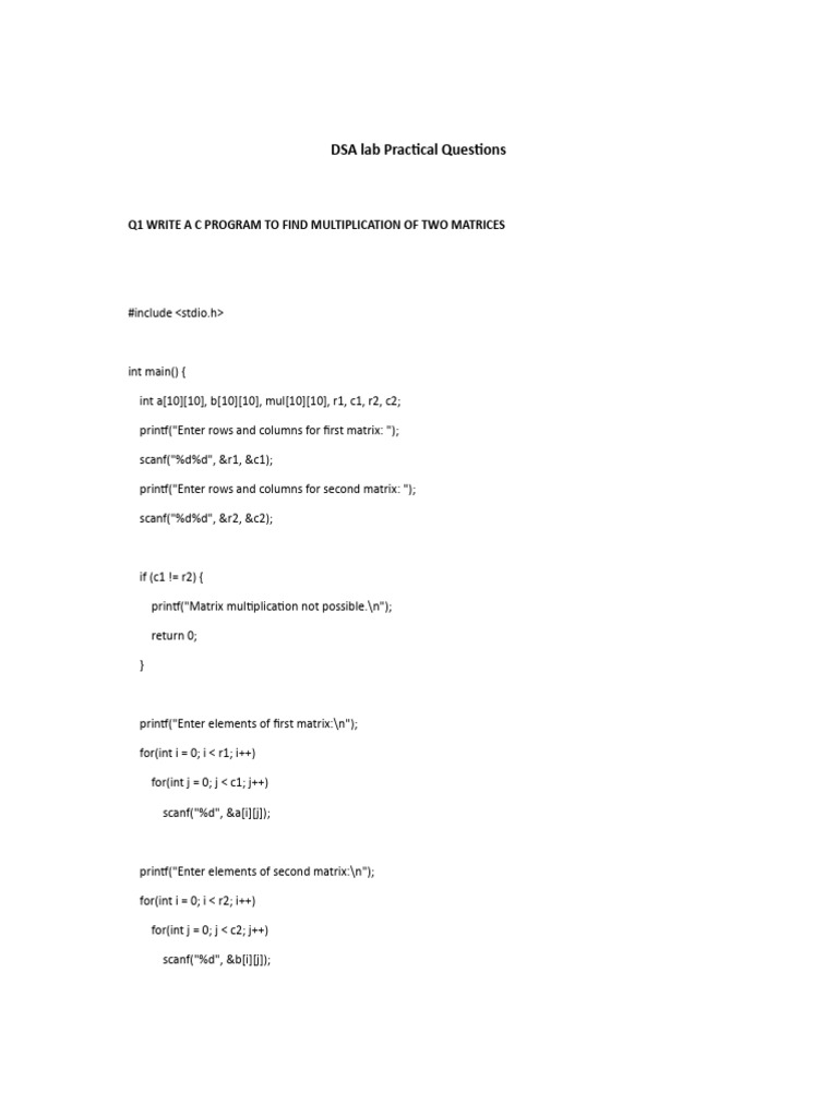 C Programs for Matrix Operations and Strings | PDF | Computing ...