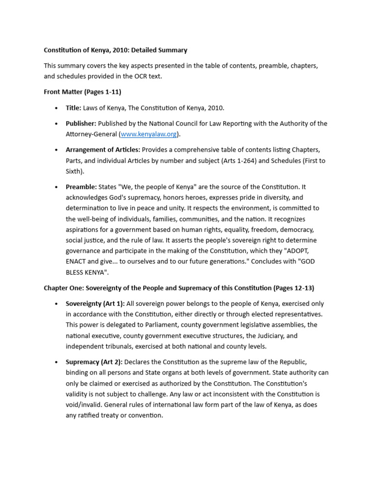 Kenya Constitution 2010 Summary Guide | PDF | Bill (Law) | United ...