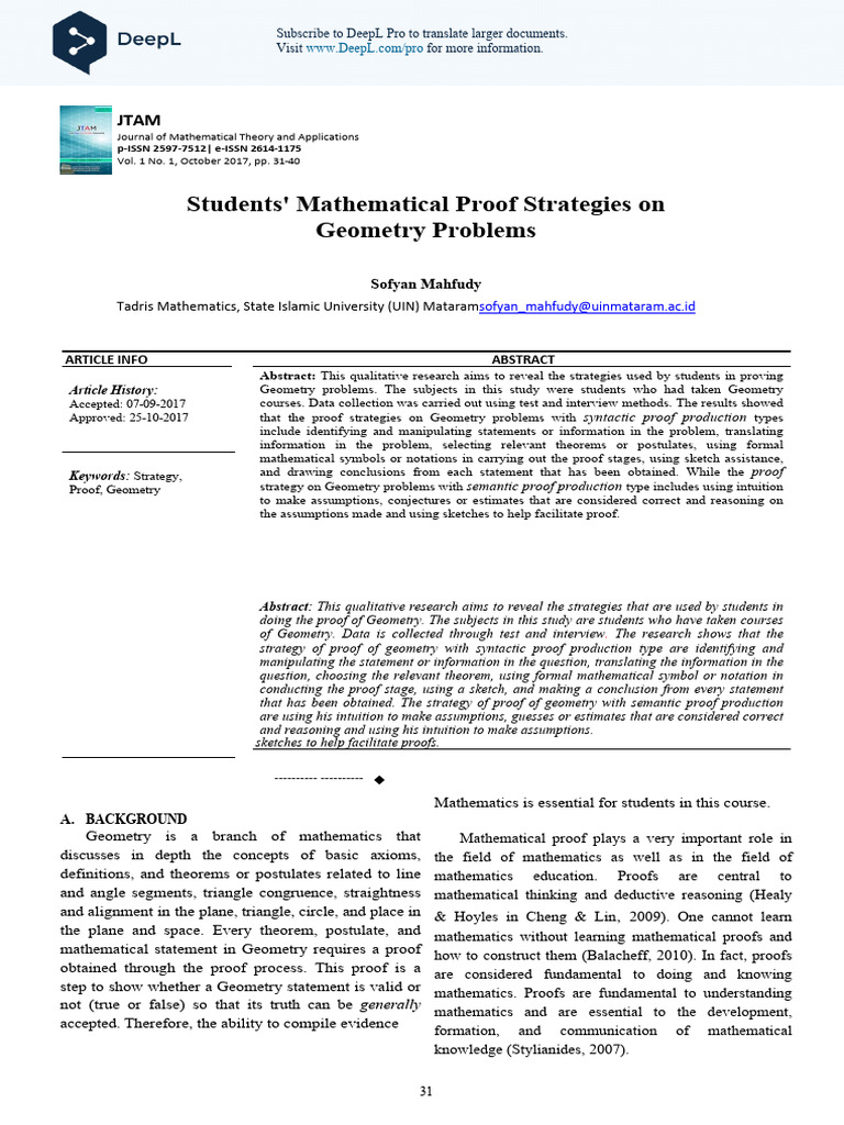 M. Rafi Rafsanjani, Journal of Mathematics Theory and Applications, Students Mathematical Proof ...