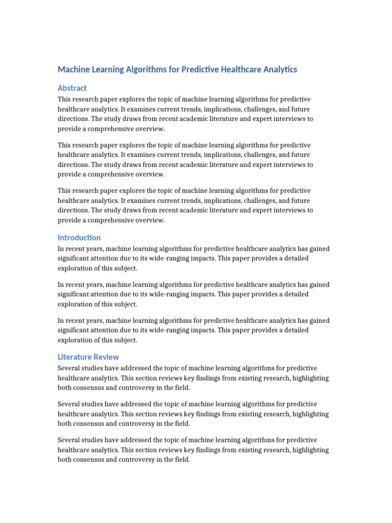 Machine Learning Algorithms For Predictive Healthcare Analytics ...