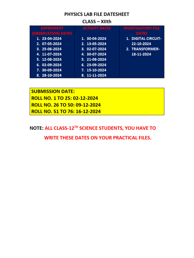 Physics Lab Practical Datesheet | PDF