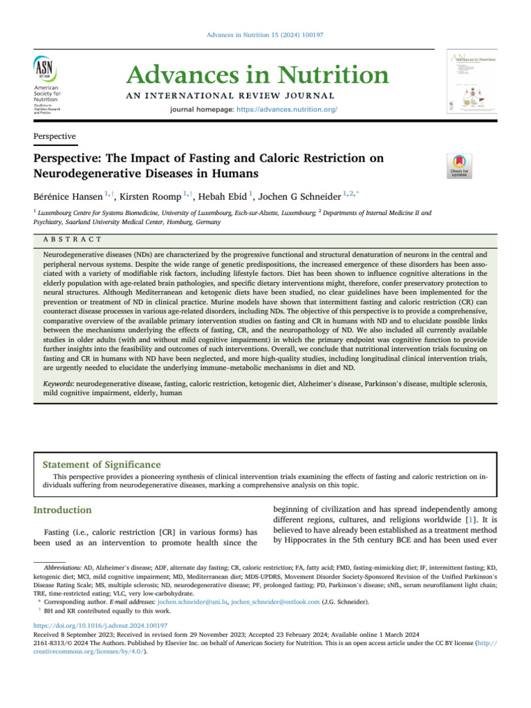 Impact of Fasting and Caloric Restriction On Neurodegenerative Diseases ...